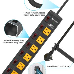 CRST 6 Outlet Heavy Duty Power Strip with Individual Switches, 15A/1875W Moutable Metal Power Strip Surge Protector with Circuit Breaker (1200 Joules), 6 FT 14AWG Extension Cord