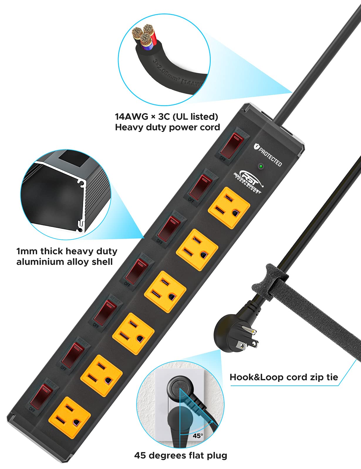 CRST 6 Outlet Heavy Duty Power Strip with Individual Switches, 15A/1875W Moutable Metal Power Strip Surge Protector with Circuit Breaker (1200 Joules), 6 FT 14AWG Extension Cord