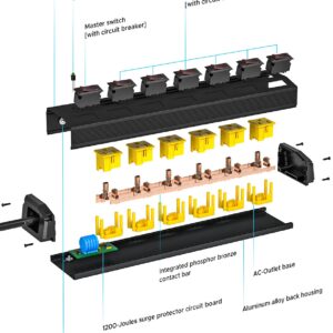 CRST 6 Outlet Heavy Duty Power Strip with Individual Switches, 15A/1875W Moutable Metal Power Strip Surge Protector with Circuit Breaker (1200 Joules), 6 FT 14AWG Extension Cord