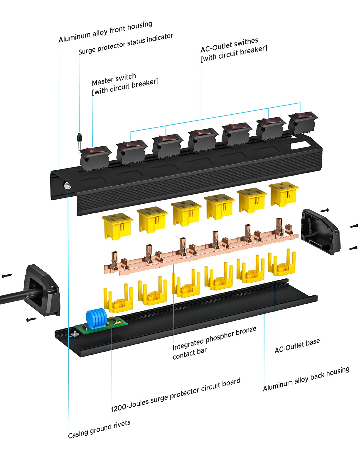 CRST 6 Outlet Heavy Duty Power Strip with Individual Switches, 15A/1875W Moutable Metal Power Strip Surge Protector with Circuit Breaker (1200 Joules), 6 FT 14AWG Extension Cord