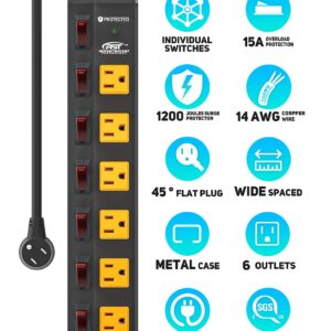 CRST 6 Outlet Heavy Duty Power Strip with Individual Switches, 15A/1875W Moutable Metal Power Strip Surge Protector with Circuit Breaker (1200 Joules), 6 FT 14AWG Extension Cord