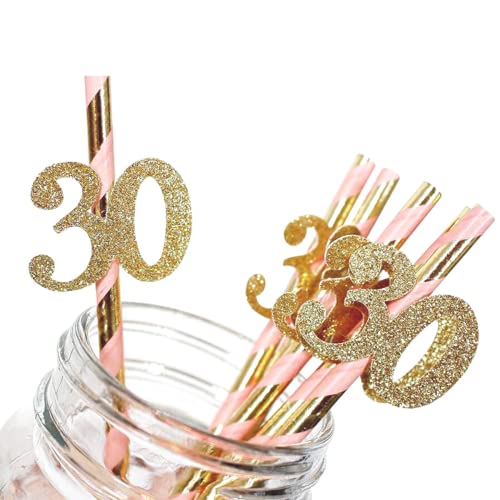 30th Birthday Decor Paper Straws – Metallic Rose Gold & Blush Reusable Straws – Party Straws for Birthday Decorations – Glitter Straws w/Cut-Out Number 30 – Set of 10