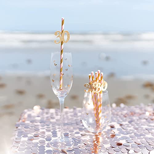 30th Birthday Decor Paper Straws – Metallic Rose Gold & Blush Reusable Straws – Party Straws for Birthday Decorations – Glitter Straws w/Cut-Out Number 30 – Set of 10