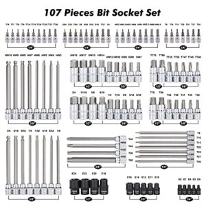 CASOMAN 107 Pieces Bit Socket Set, 1/4", 3/8" and 1/2" Drive, Torx/Extra Long Torx/Tamper Proof Torx/Hex/Ball End Hex, SAE/Metric, S2 Steel Bits