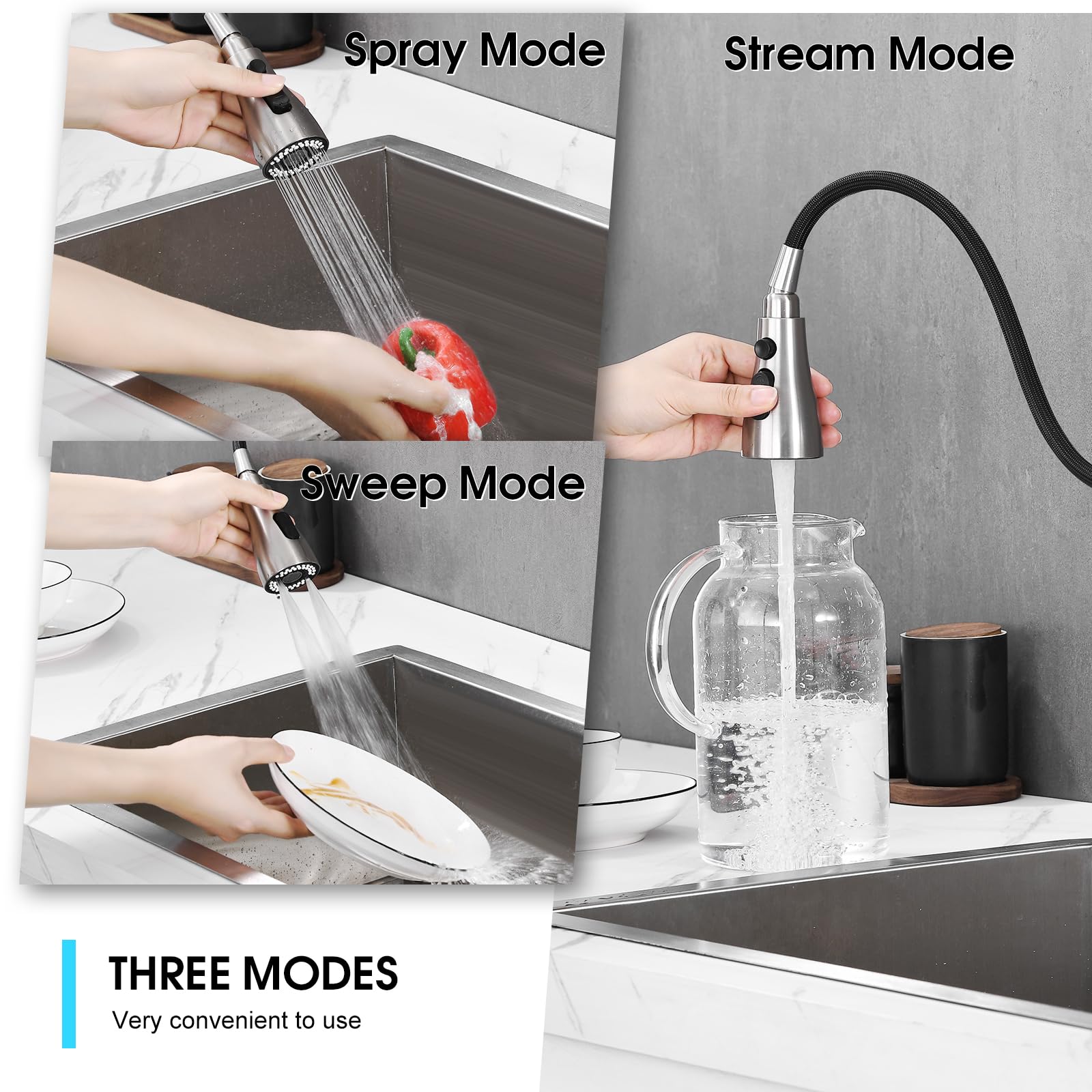 CREA Kitchen Faucet,Kitchen Faucet with Pull Down Sprayer,RV Kitchen Sink Faucet,Stainless Steel Kitchen Faucet Single Handle 3 or 1 Hole High Arc Mixer Water Faucet for Kitchen Sink Farmhouse Camper