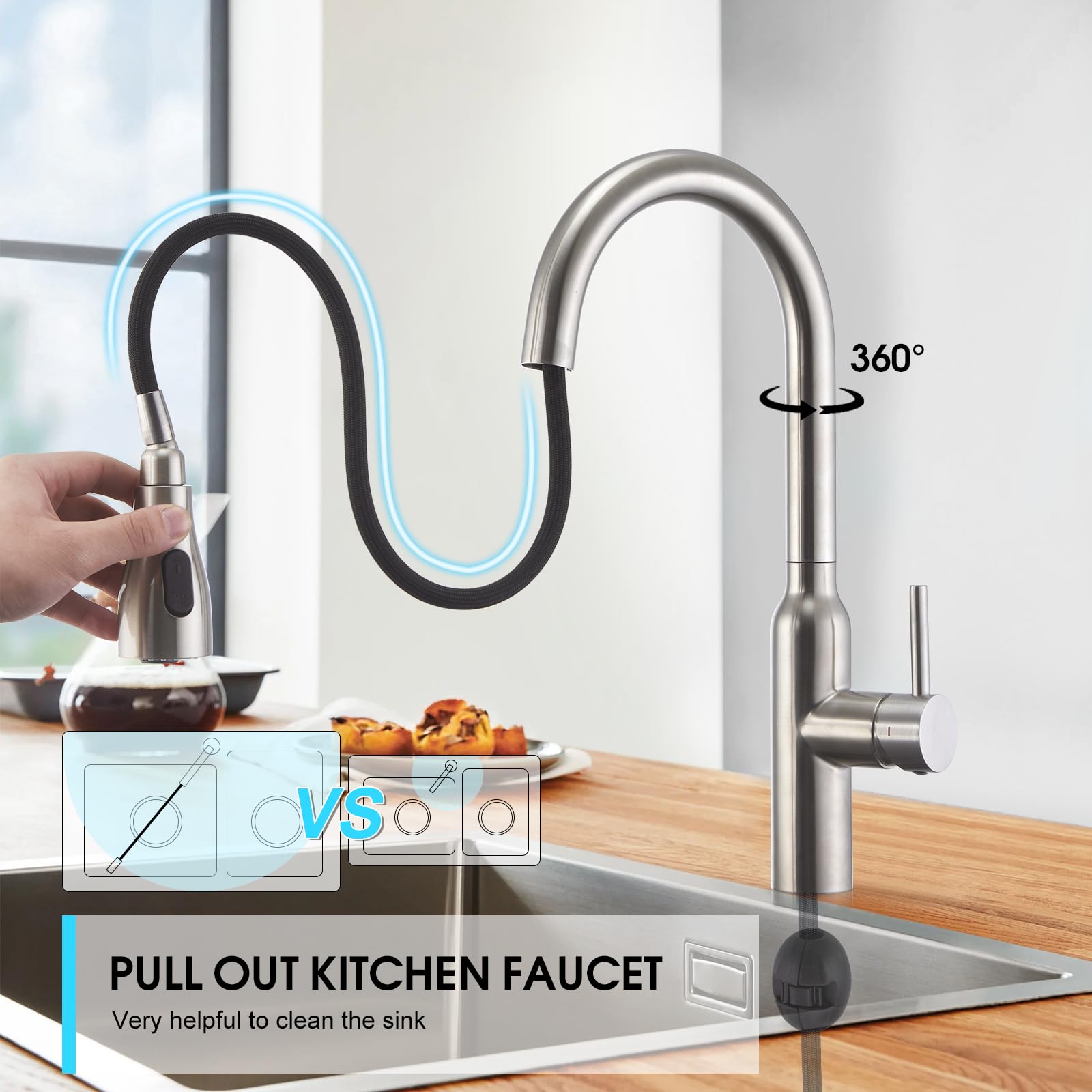 CREA Kitchen Faucet,Kitchen Faucet with Pull Down Sprayer,RV Kitchen Sink Faucet,Stainless Steel Kitchen Faucet Single Handle 3 or 1 Hole High Arc Mixer Water Faucet for Kitchen Sink Farmhouse Camper