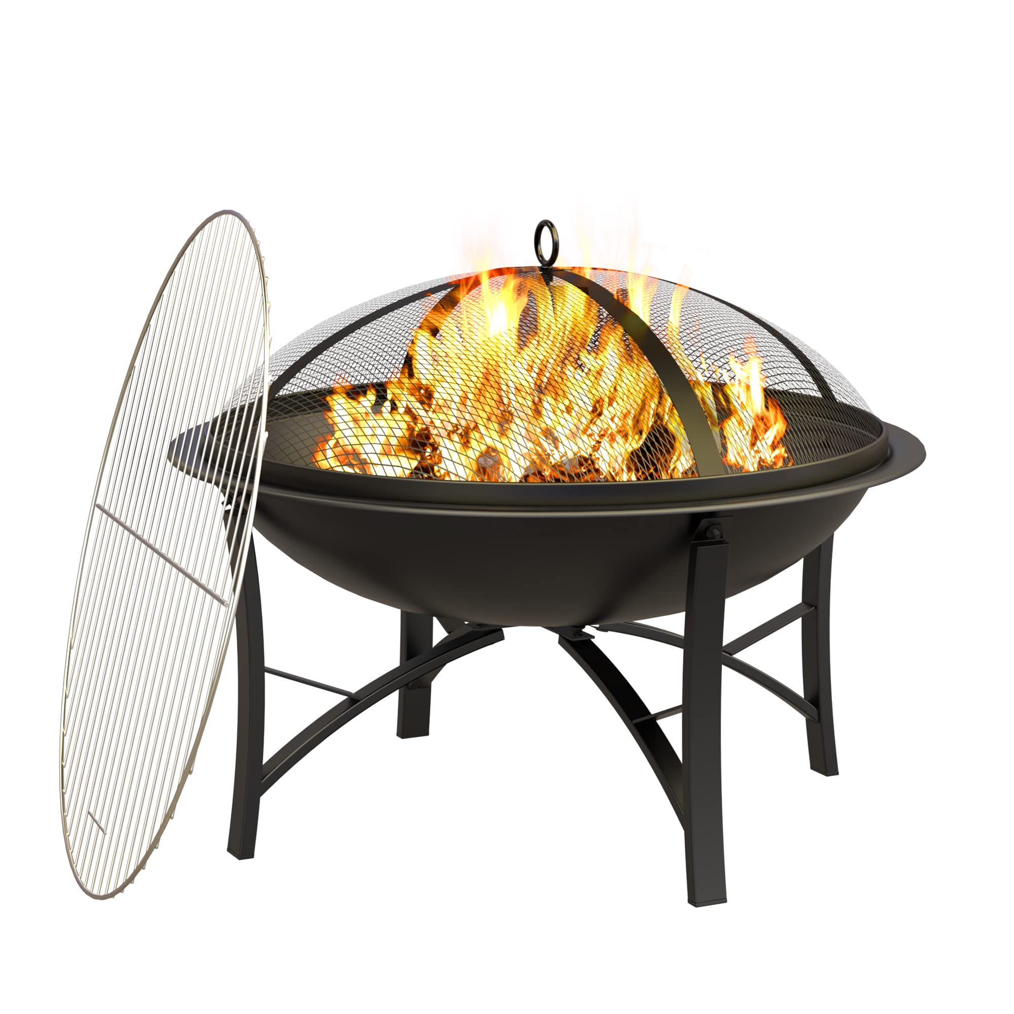 Fire Beauty Fire Pit for Outside Wood Burning Firepit BBQ Grill Steel Fire Bowl with Spark Screen Cover, Log Grate, Poker for Camping Beach Bonfire Picnic Backyard Garden