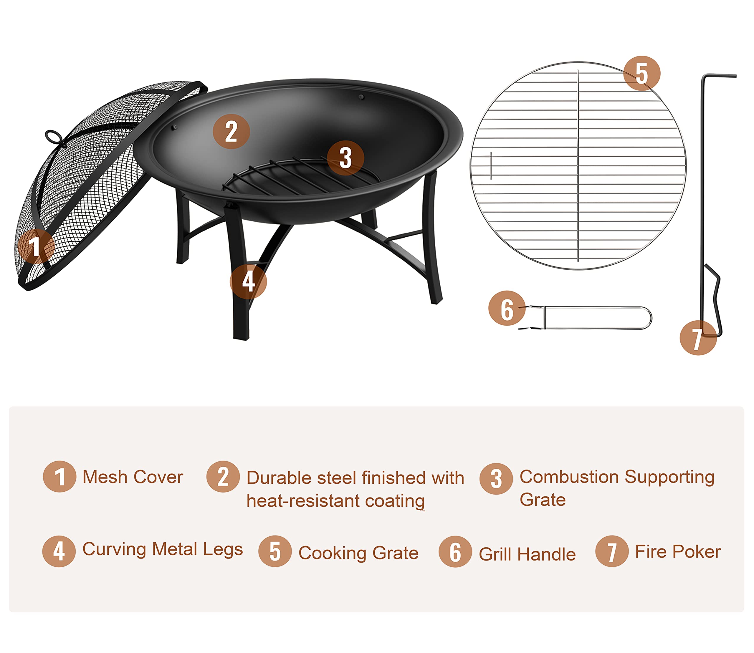 Fire Beauty Fire Pit for Outside Wood Burning Firepit BBQ Grill Steel Fire Bowl with Spark Screen Cover, Log Grate, Poker for Camping Beach Bonfire Picnic Backyard Garden