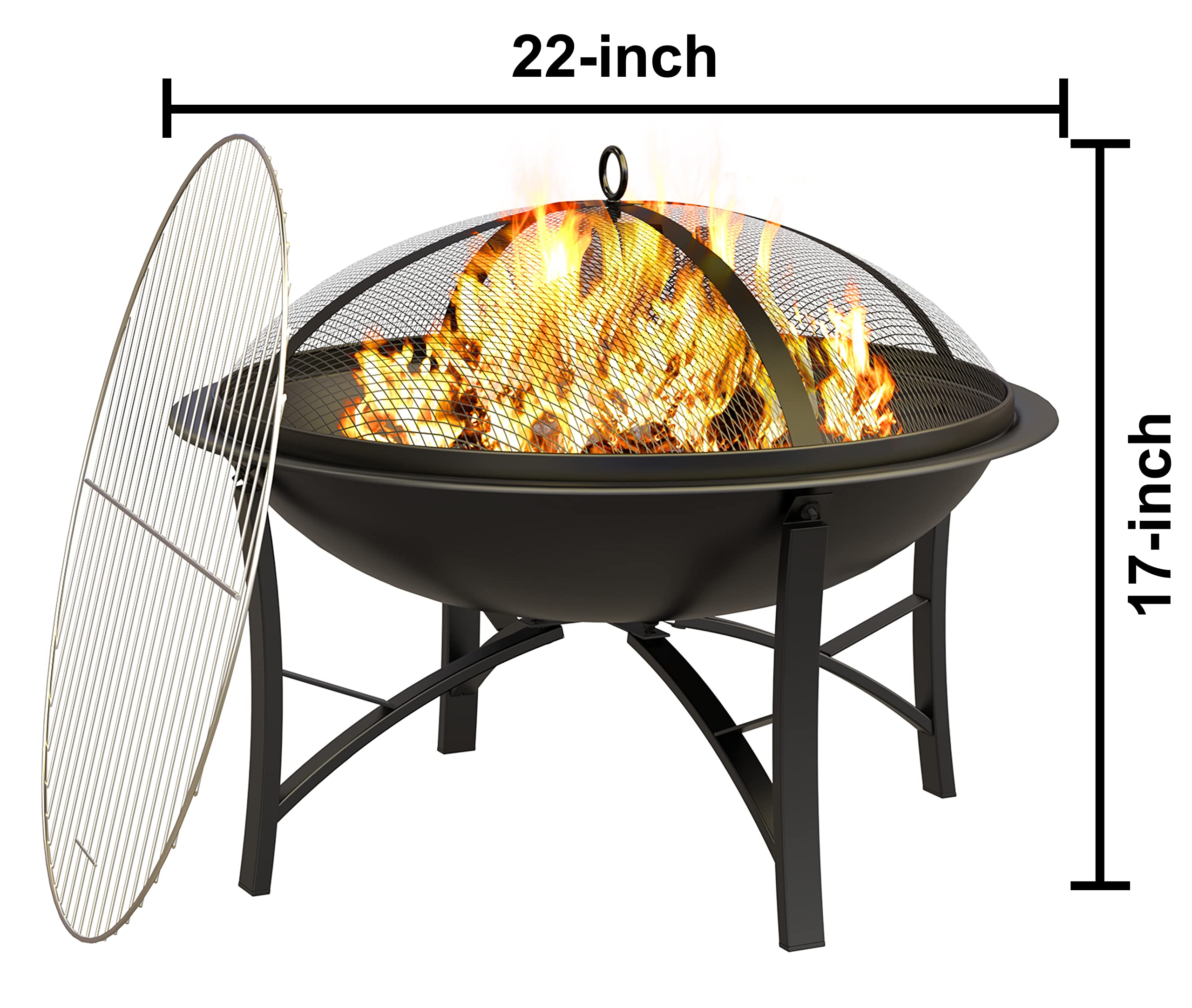 Fire Beauty Fire Pit for Outside Wood Burning Firepit BBQ Grill Steel Fire Bowl with Spark Screen Cover, Log Grate, Poker for Camping Beach Bonfire Picnic Backyard Garden