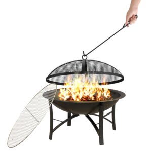 Fire Beauty Fire Pit for Outside Wood Burning Firepit BBQ Grill Steel Fire Bowl with Spark Screen Cover, Log Grate, Poker for Camping Beach Bonfire Picnic Backyard Garden