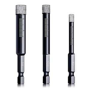 Dry Diamond Drill Bits Set 3 Packs for Granite Porcelain Tile Ceramic Marble Size 1/4“ (6mm), 5/16” (8mm), 3/8” (10mm), with Quick Change 1/4” Hex Shank and Storage Cases