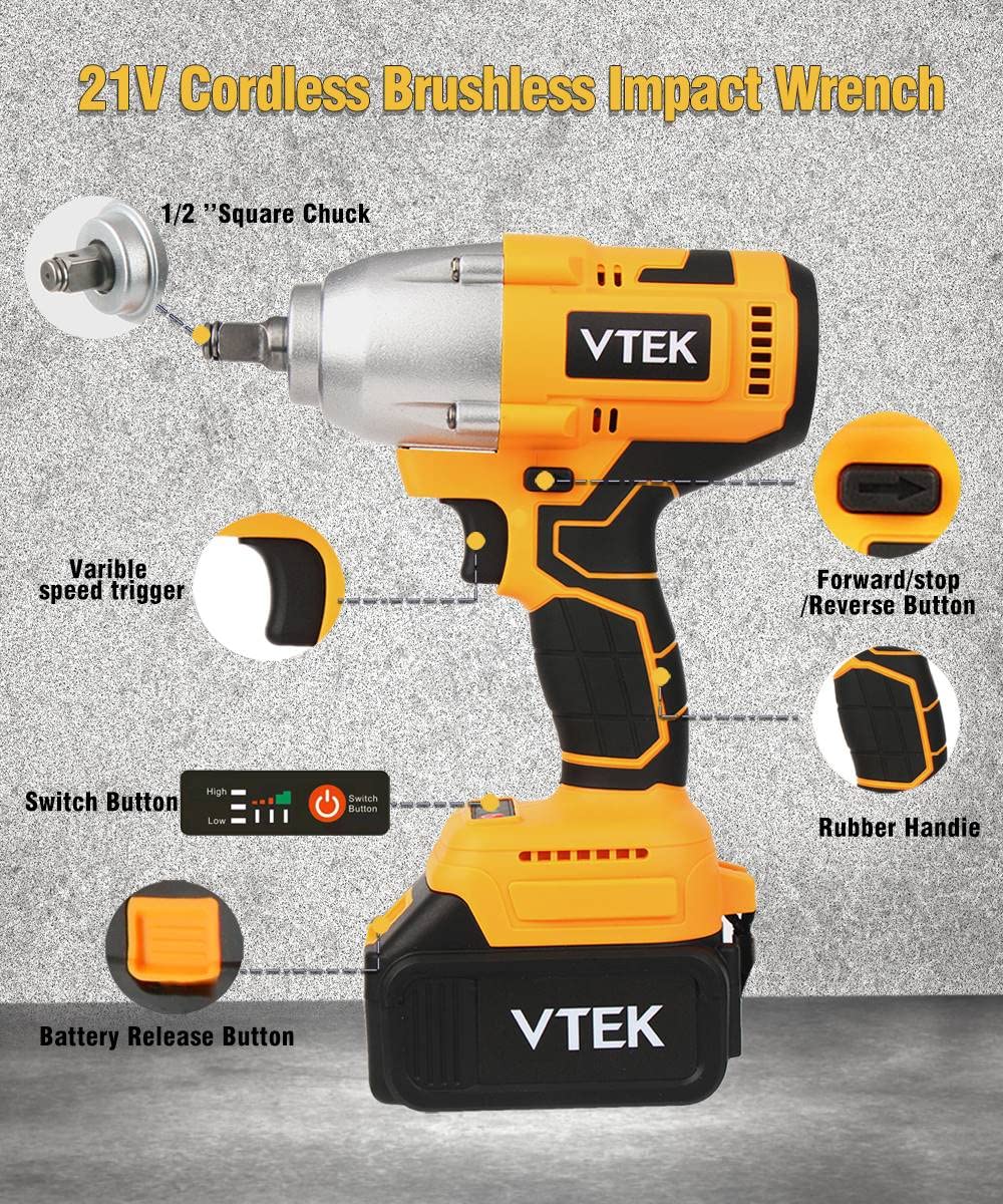 VTEK Brushless Impact Wrench 1/2 Inch Chuck,Max Torque 700N.m Cordless Impact Wrench 515 ft-lbs,Impact Gun for Car Tiers…