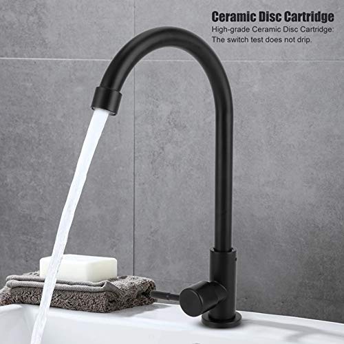 Hyuduo Kitchen Water Tap, G1/2 90 Degree Rotating Single Cold Kitchen Sink Basin Faucet, Stainless Steel, Matte Black,washbasin Faucet