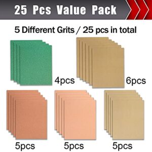 BOSHCRAFT 25 PCS Sandpaper, Sandpaper Assortment Sandpaper for Wood Metal Furniture Hand Sander Sand Paper 80/120/150/220/320 Grit Sandpaper Sheets Cut for Use 9" x 11"