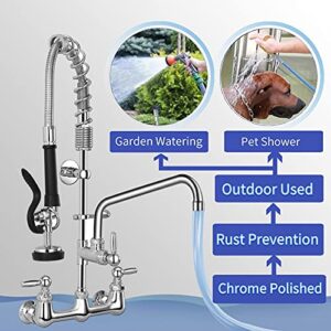 8 Inch Center Wall Mount Commercial Sink Faucet with Sprayer, 26'' Height with Pull Down Pre-Rinse Sprayer & 12" spout, with Thickened Hose for 2-3 Compartment Utility Sink