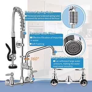 8 Inch Center Wall Mount Commercial Sink Faucet with Sprayer, 26'' Height with Pull Down Pre-Rinse Sprayer & 12" spout, with Thickened Hose for 2-3 Compartment Utility Sink