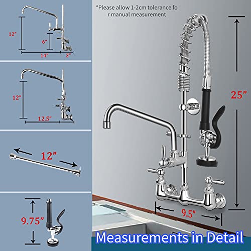 8 Inch Center Wall Mount Commercial Sink Faucet with Sprayer, 26'' Height with Pull Down Pre-Rinse Sprayer & 12" spout, with Thickened Hose for 2-3 Compartment Utility Sink