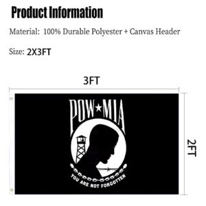 Pow Mia Flag 2x3 Ft Outdoor Heavy Duty Polyester Military Pow Flags Double Sided 3 Ply Banner 200D with Durable Canvas Header and 2 Brass Grommets Pow mia Banner- You are Not Forgotten War Flags