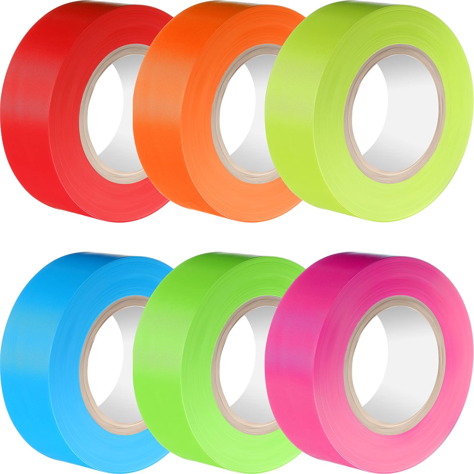 Chinco 6 Pieces Flourescent Flagging Tape Neon Ribbon Multipurpose Plastic Ribbon 30m x 6 Rolls Non Adhesive Tree Marking for Boundaries and Hazardous Areas Workplace(Bright Colors, 1 Inch)