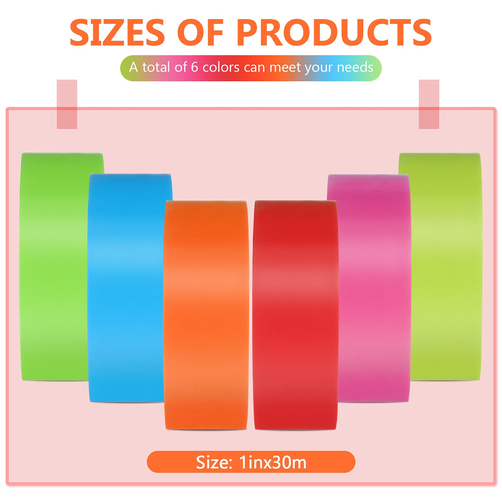 Chinco 6 Pieces Flourescent Flagging Tape Neon Ribbon Multipurpose Plastic Ribbon 30m x 6 Rolls Non Adhesive Tree Marking for Boundaries and Hazardous Areas Workplace(Bright Colors, 1 Inch)