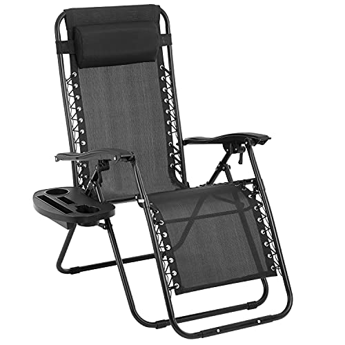 FDW Zero Gravity Chair,Zero Gravity Lounge Chair,1/2 Pack Folding Lawn Chair Adjustable Reclining Patio Chairs with Pillow and Side Table for Pool Yard with Cup Holder (1, Black)