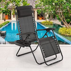 FDW Zero Gravity Chair,Zero Gravity Lounge Chair,1/2 Pack Folding Lawn Chair Adjustable Reclining Patio Chairs with Pillow and Side Table for Pool Yard with Cup Holder (1, Black)