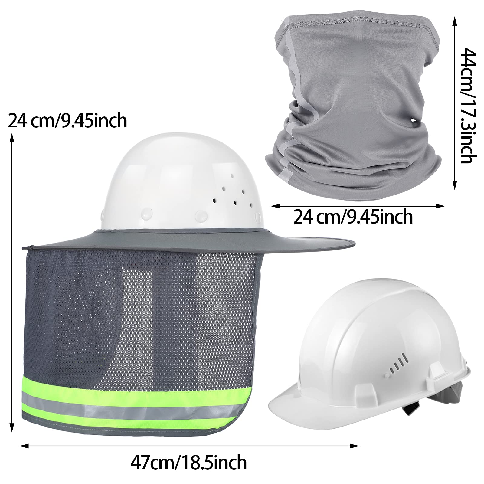 2 Pcs Sun Hard Hat Neck Protection High Visibility Full Brim Mesh Sun Protection and Neck Gaiter Bandana Face Scarf for Hard Hat Accessories, Reflective (Grey)