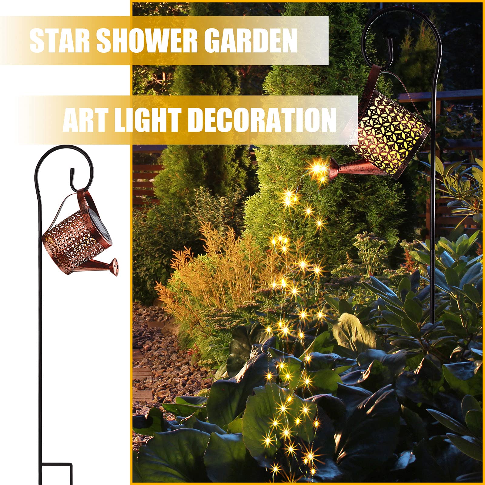 Watering Can with Lights Star Shower Watering Can Solar Twinkle Lights Waterproof Outdoor Decor LED Fairy Lights for Garden Yard Outdoor Lawn Patio Party Decorations Path Lights (Barrel Style)