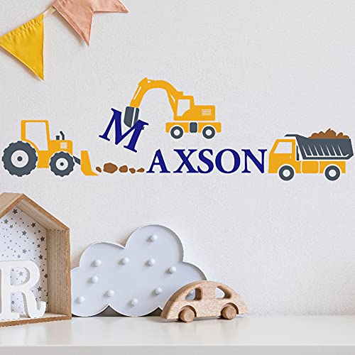 Talkkmywall Trucks Decal, Construction Trucks Decals,Excavator Mixer Sticker, Boys Room Wall Decor, Personalized Name With Trucks Wall Stickers