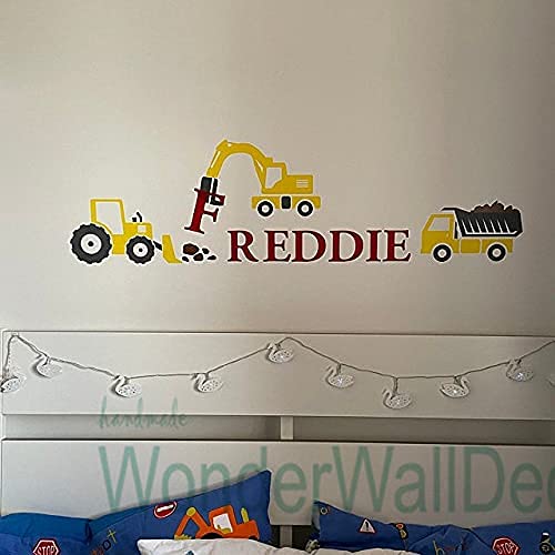 Talkkmywall Trucks Decal, Construction Trucks Decals,Excavator Mixer Sticker, Boys Room Wall Decor, Personalized Name With Trucks Wall Stickers