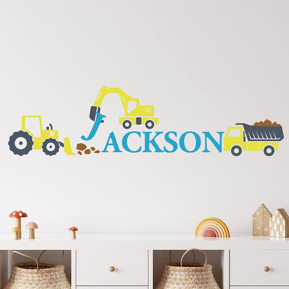 Talkkmywall Trucks Decal, Construction Trucks Decals,Excavator Mixer Sticker, Boys Room Wall Decor, Personalized Name With Trucks Wall Stickers