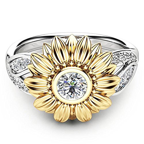 Baralonly Sunflower Rings for Women, 2021 Exquisite Women's Two Tone Silver Floral Ring Diamond Gold Sunflower Jewel Engagement Jewelry for Girlfriends Mother Gift