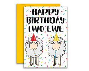 funny birthday happy birthday two ewe sheep greeting card pun card kids birthday card 5x7 inches w/envelope