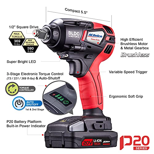 ACDelco ARI20174-PM P20 Series 20V Cordless Li-ion 1/2” 369 ft-lbs. Heavy Duty Brushless Impact Wrench Tool Kit