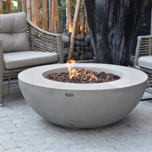 AMS Fireplace Elementi Lunar Bowl Cast Concrete Fire Table, Outdoor Fire Pit Fire TablePatio Furniture, Stainless Steel Burner, Canvas Cover and Lava Rock Included, Free Wind Guard (Natural Gas)