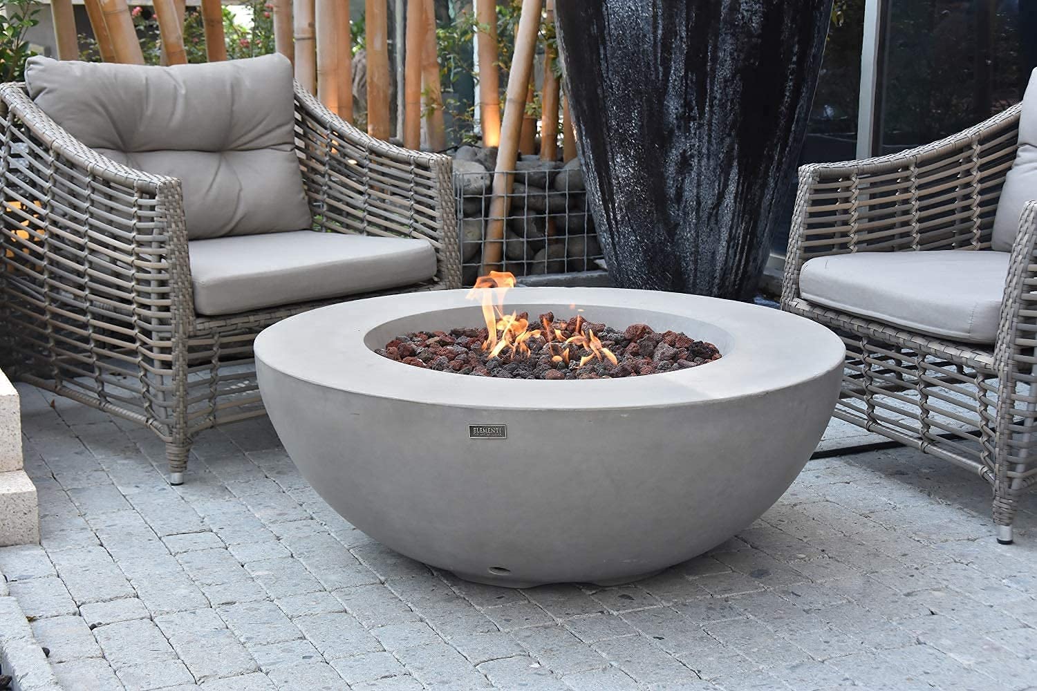 AMS Fireplace Elementi Lunar Bowl Cast Concrete Fire Table, Outdoor Fire Pit Fire TablePatio Furniture, Stainless Steel Burner, Canvas Cover and Lava Rock Included, Free Wind Guard (Natural Gas)