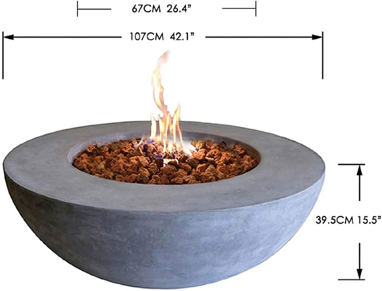 AMS Fireplace Elementi Lunar Bowl Cast Concrete Fire Table, Outdoor Fire Pit Fire TablePatio Furniture, Stainless Steel Burner, Canvas Cover and Lava Rock Included, Free Wind Guard (Natural Gas)