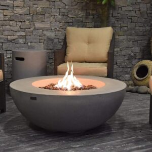 AMS Fireplace Elementi Lunar Bowl Cast Concrete Fire Table, Outdoor Fire Pit Fire TablePatio Furniture, Stainless Steel Burner, Canvas Cover and Lava Rock Included, Free Wind Guard (Natural Gas)