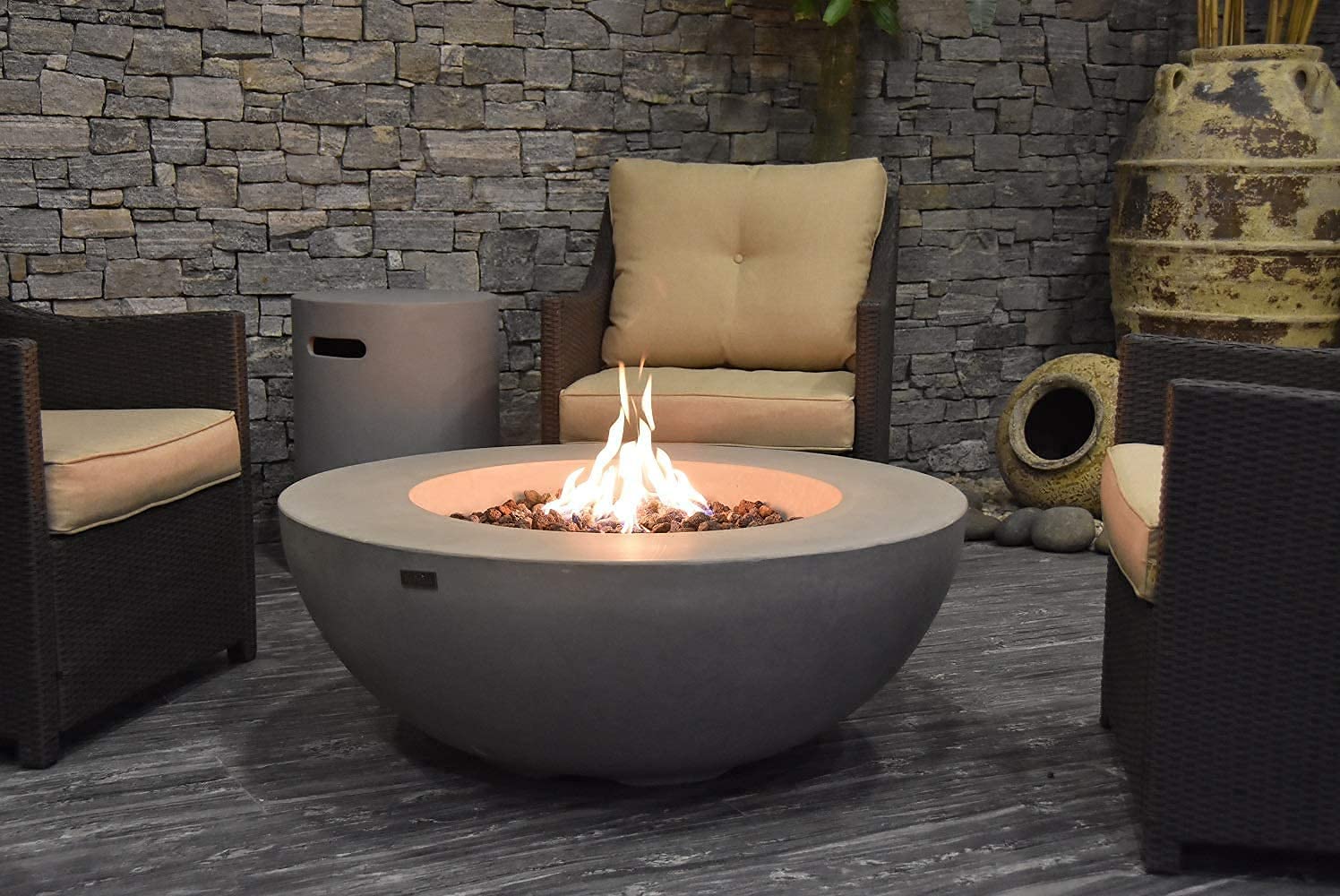 AMS Fireplace Elementi Lunar Bowl Cast Concrete Fire Table, Outdoor Fire Pit Fire TablePatio Furniture, Stainless Steel Burner, Canvas Cover and Lava Rock Included, Free Wind Guard (Natural Gas)