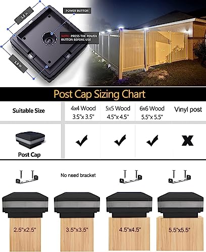 Geyueya Home Solar LED Post Lights Outdoor Garden Waterproof IP65 Square White Landscape Post Cap Lamp for 4x4 5x5 6x6 Wooden Posts in Patio Fence Deck Post Lights Solar Powered, Black (4 Packs)