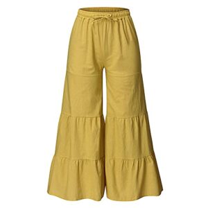 Bravetoshop Women's Cotton Linen Long Pants High Waist Drawstring Wide Leg Pants Loose Fit Casual Trousers (Yellow,XL)