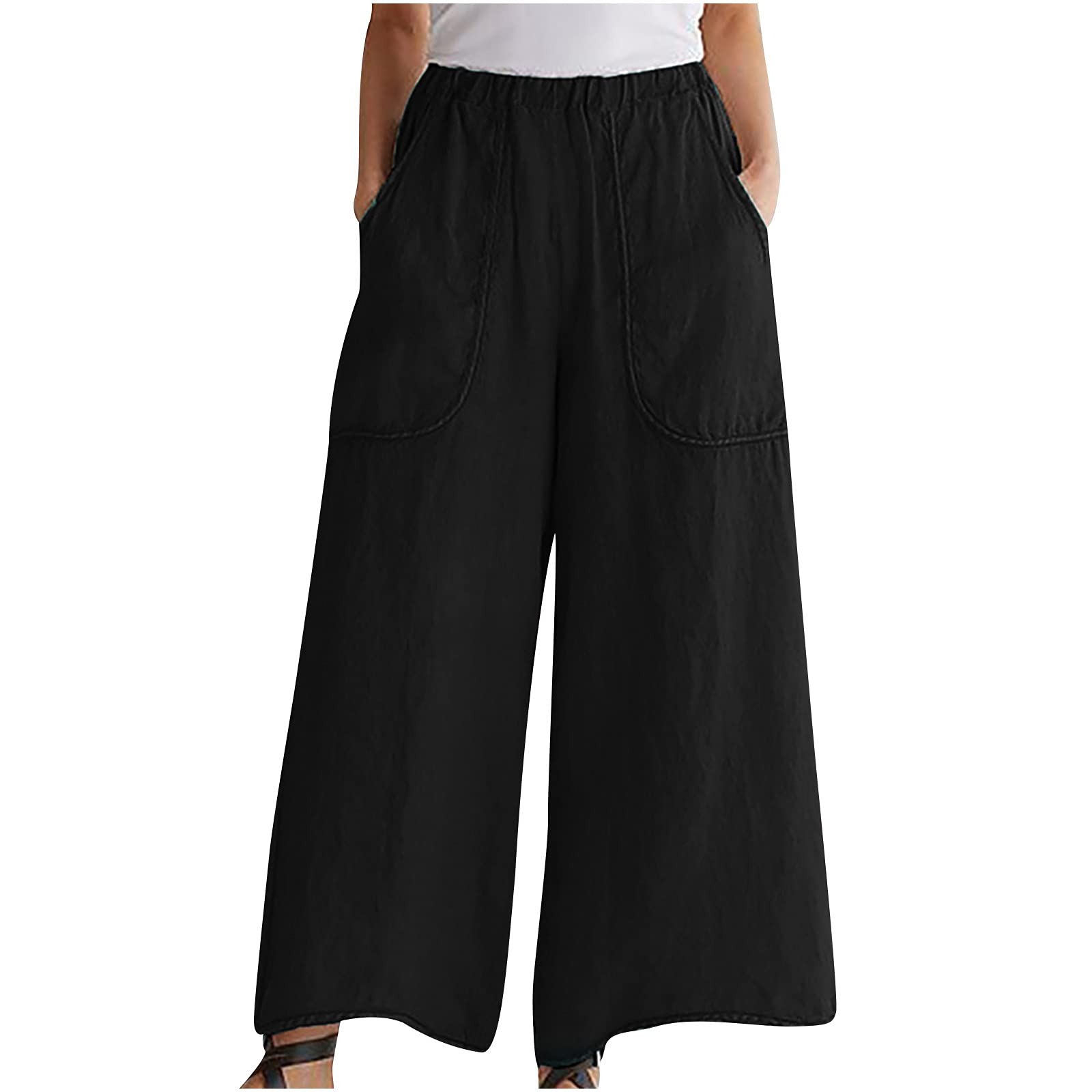 Bravetoshop Womens Wide Leg Palazzo Pants Comfy Elastic Waist Lounge Pants with Pockets Casual Baggy Trousers (Black,M)