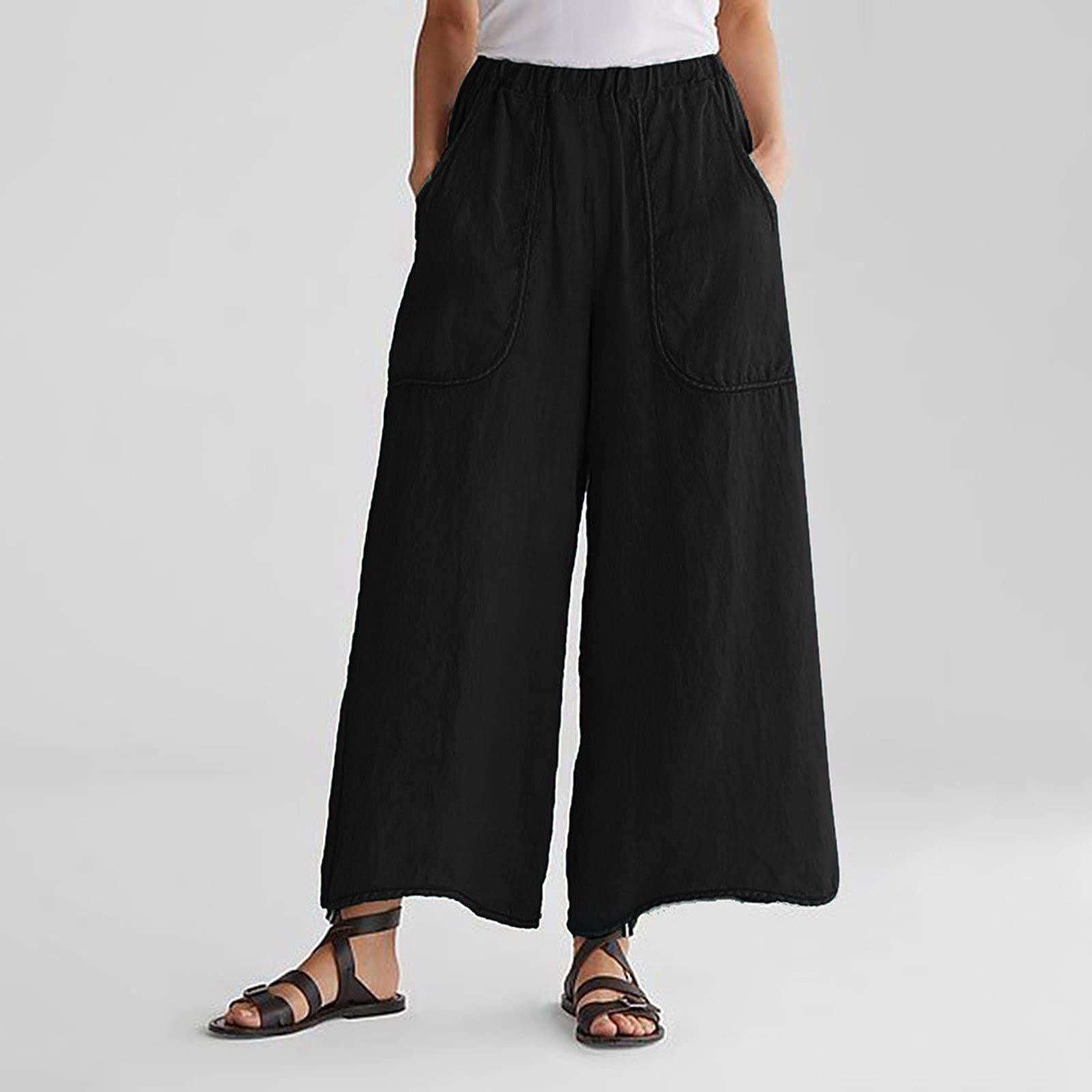 Bravetoshop Womens Wide Leg Palazzo Pants Comfy Elastic Waist Lounge Pants with Pockets Casual Baggy Trousers (Black,M)