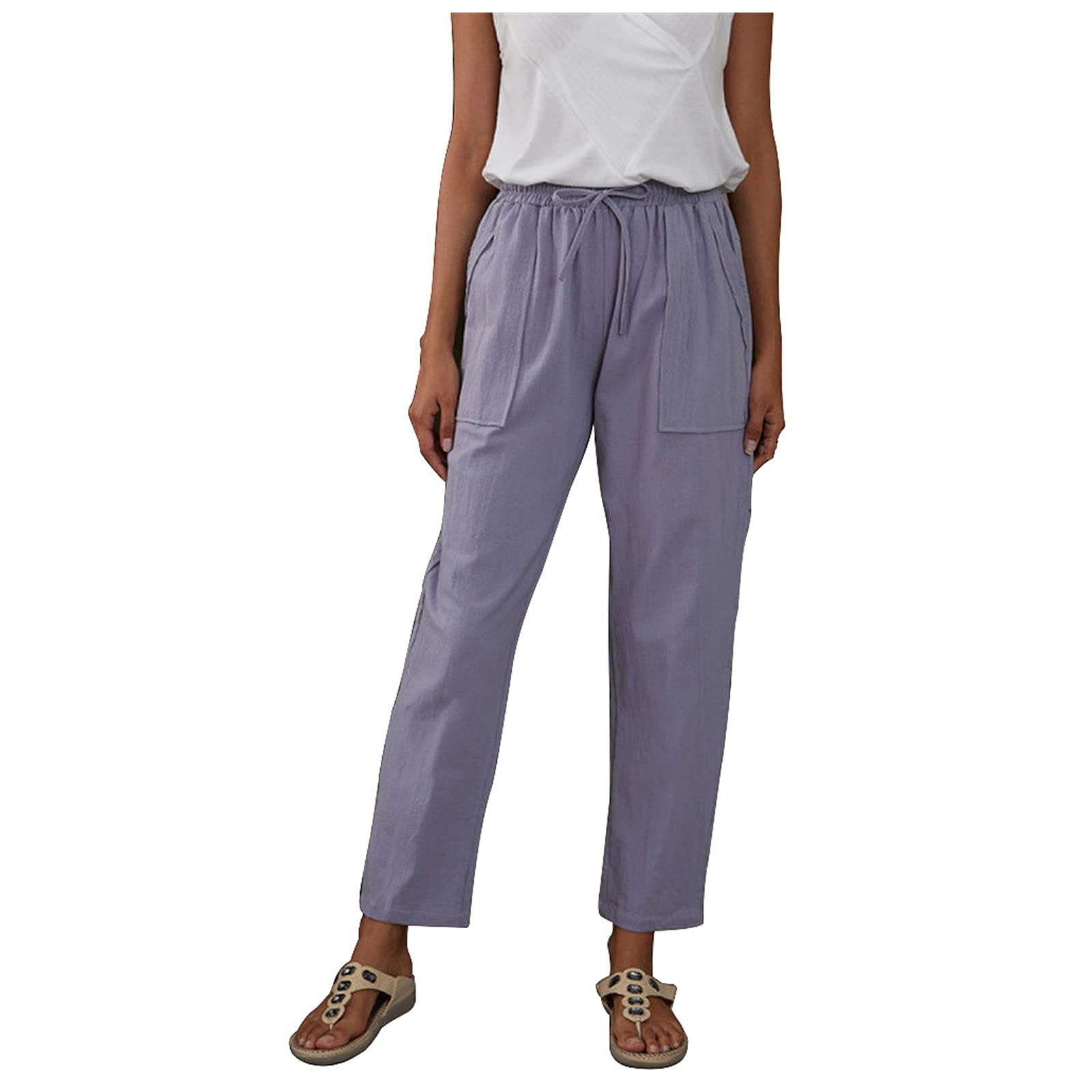 Bravetoshop Women's Cotton Linen Pants Lightweight Wide Leg Pants Summer Casual Baggy Trousers with Pockets (Purple,M)