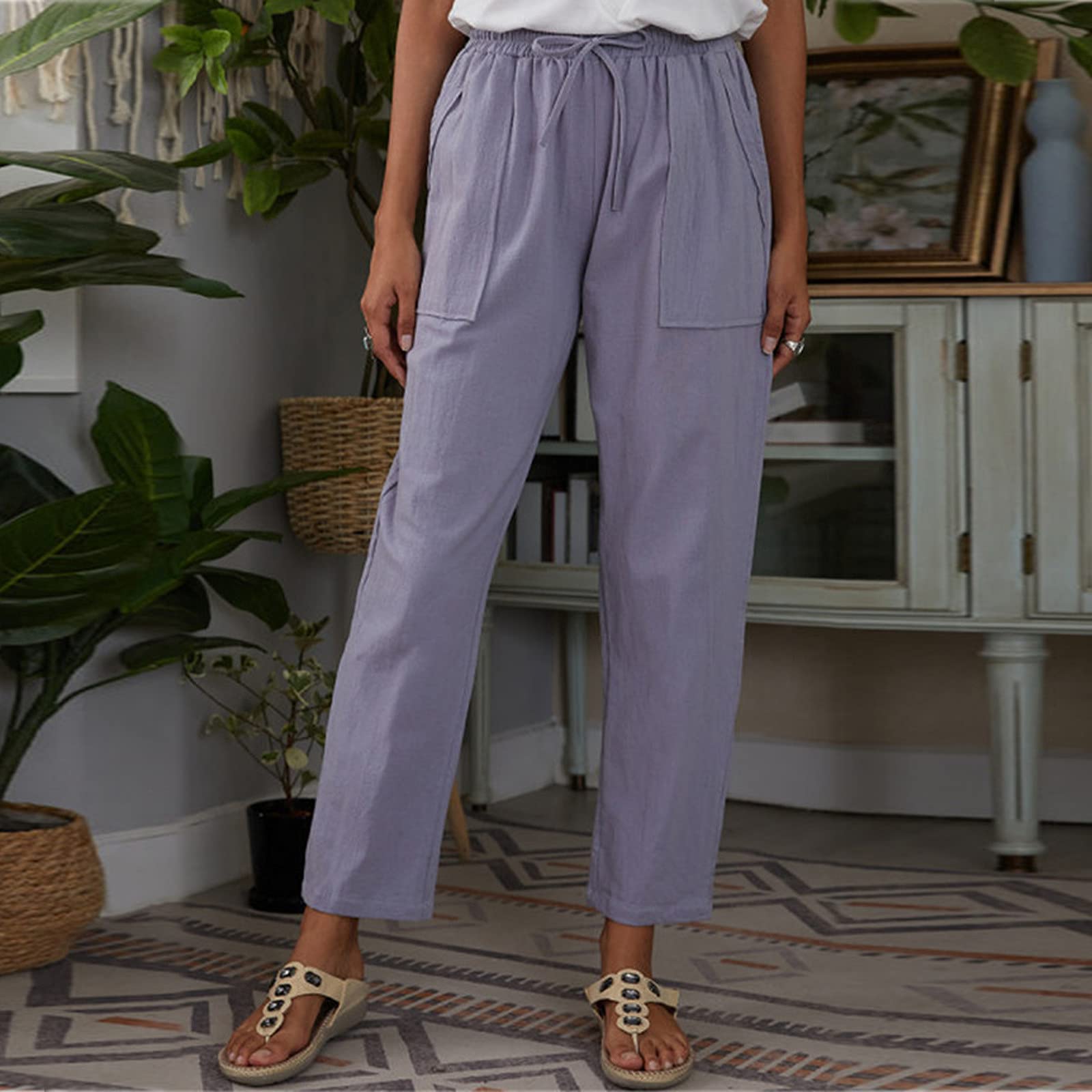 Bravetoshop Women's Cotton Linen Pants Lightweight Wide Leg Pants Summer Casual Baggy Trousers with Pockets (Purple,M)