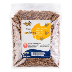 RANZ 2LBS Non-GMO Dried Mealworms for Chickens, High Protein Meal Worms, Premium Chicken Feed, Whole Large Mealworms for Wild Birds, Ducks, Fish