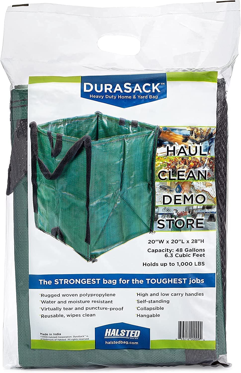 DURASACK Heavy Duty Home and Yard Waste Bag 48-Gallon Woven Polypropylene, Reusable Lawn and Leaf Garden Bag with Reinforced Carry Handles, Pop-Up Self-Standing Garbage Can, Green