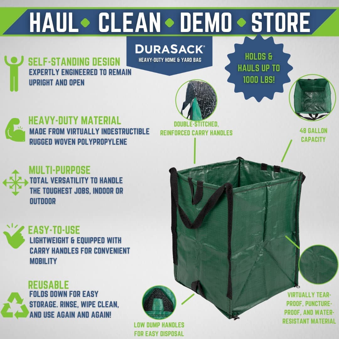 DURASACK Heavy Duty Home and Yard Waste Bag 48-Gallon Woven Polypropylene, Reusable Lawn and Leaf Garden Bag with Reinforced Carry Handles, Pop-Up Self-Standing Garbage Can, Green