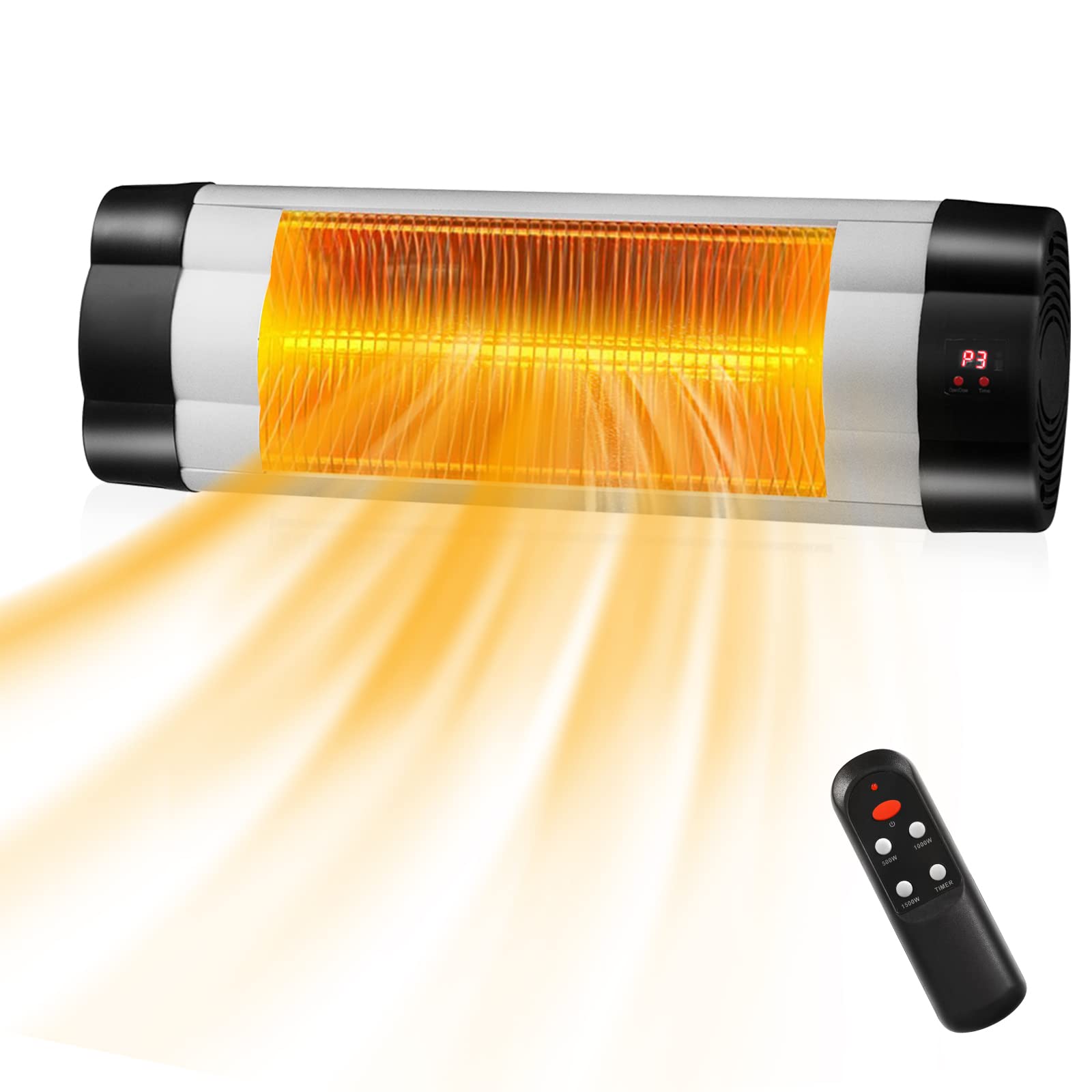 Tangkula 1500W Wall-Mounted Patio Heater, Electric Infrared Heater with 3 Heat Settings, Remote, 24 H Timer & Overheat Protection, IP34 Waterproof Outdoor Heater for Garage, Backyard, Home