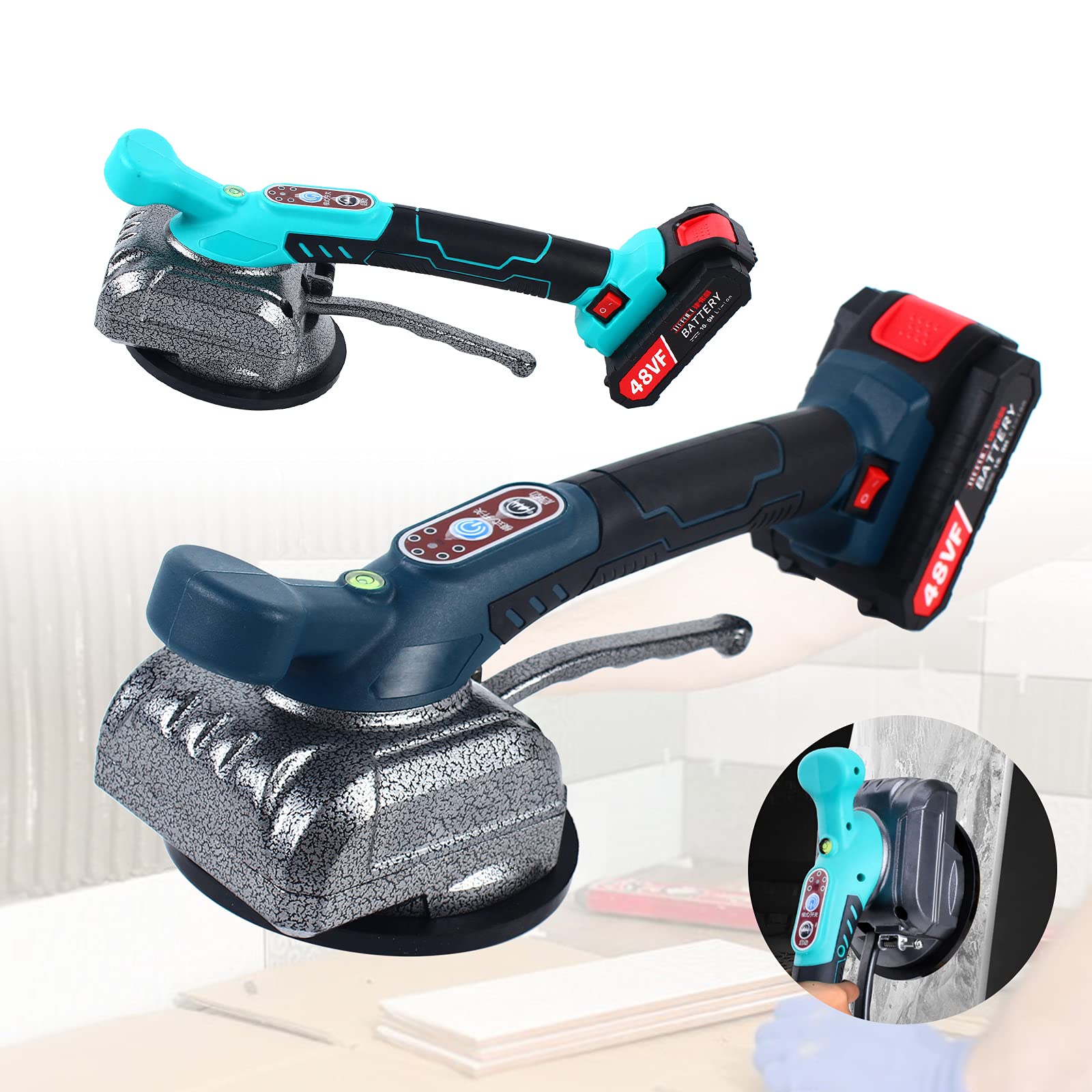 Hand-held Tile Tiling Machine 48VDC Tile Tiler Automatic Portable Tile Leveling Machine Vibrator Suction Cup Floor Plasterer Leveling Tool Fit for 100KG 120x120cm (A, 2 x Battery + 1 x Charger)